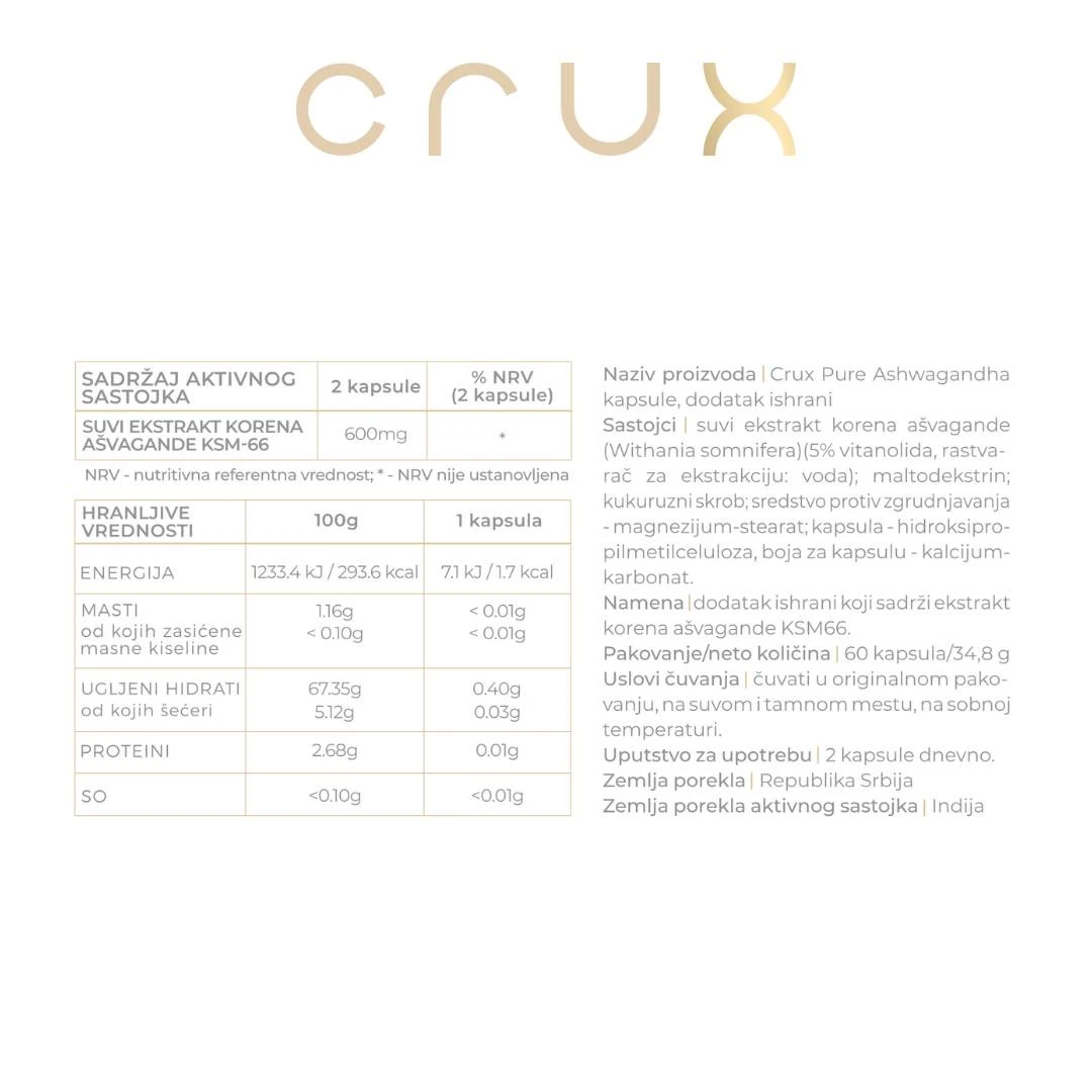 CRUX PURE Ashwagandha 60 Kapsula; Organska Ašvaganda, | eApoteka