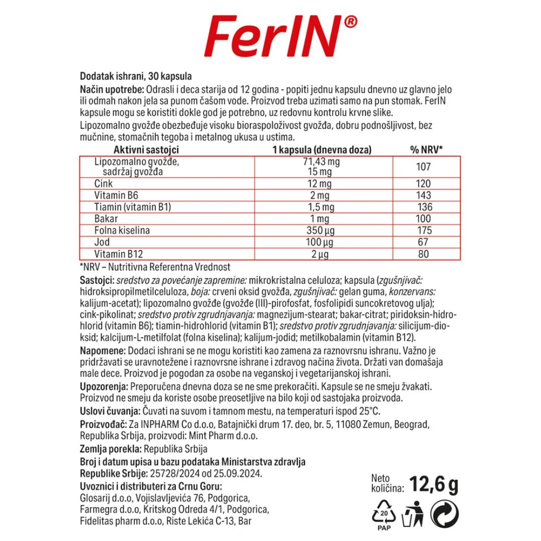 INPHARM FerIN® 30 Kapsula za Anemiju; za Normalno Stvaranje Crvenih Krvnih Zrnaca i Hemoglobina ...