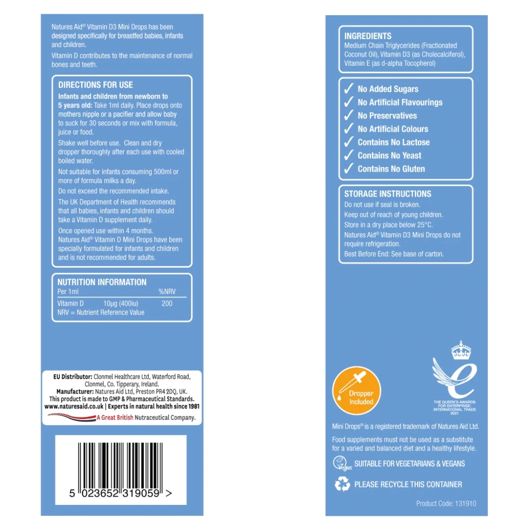 NATURES AID Mini Drops Vitamin D3 Kapi za Decu 400 IU 50 mL, | eApoteka