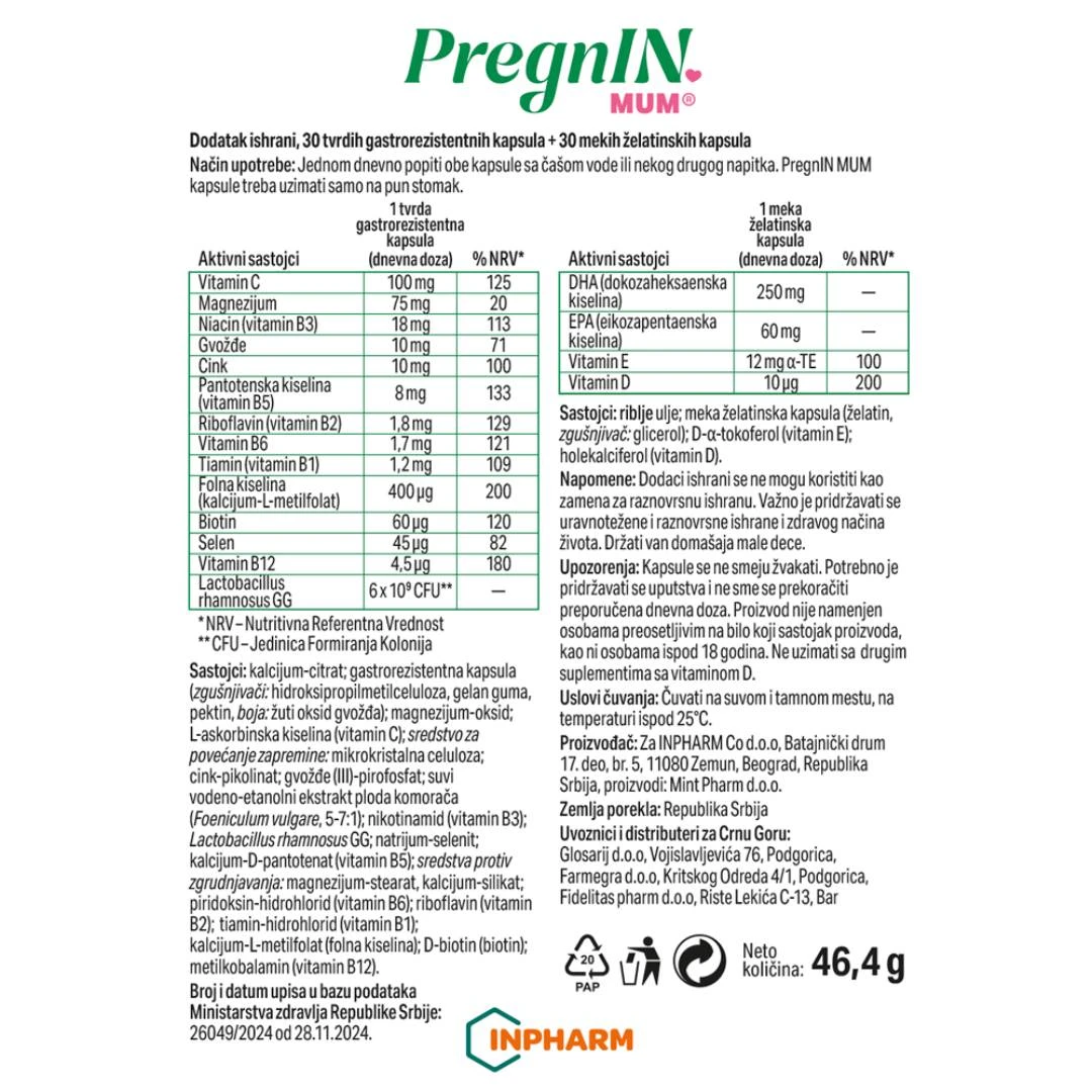 INPHARM PregnIN Mum 60 Kapsula (30+30) Nakon Porođaja, | eApoteka