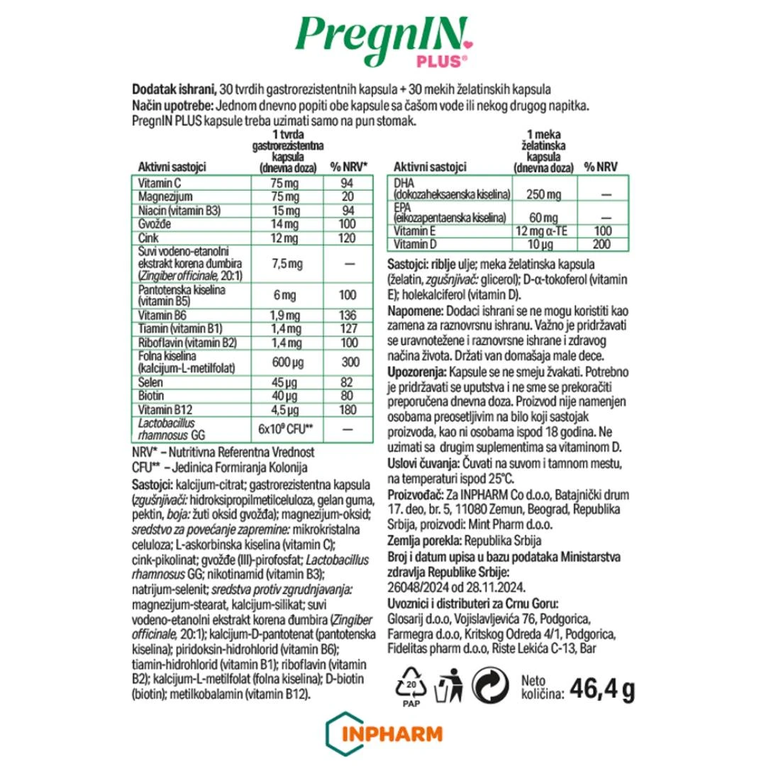 INPHARM PregnIN Plus za Trudnice (30+30) 60 Kapsula, | eApoteka