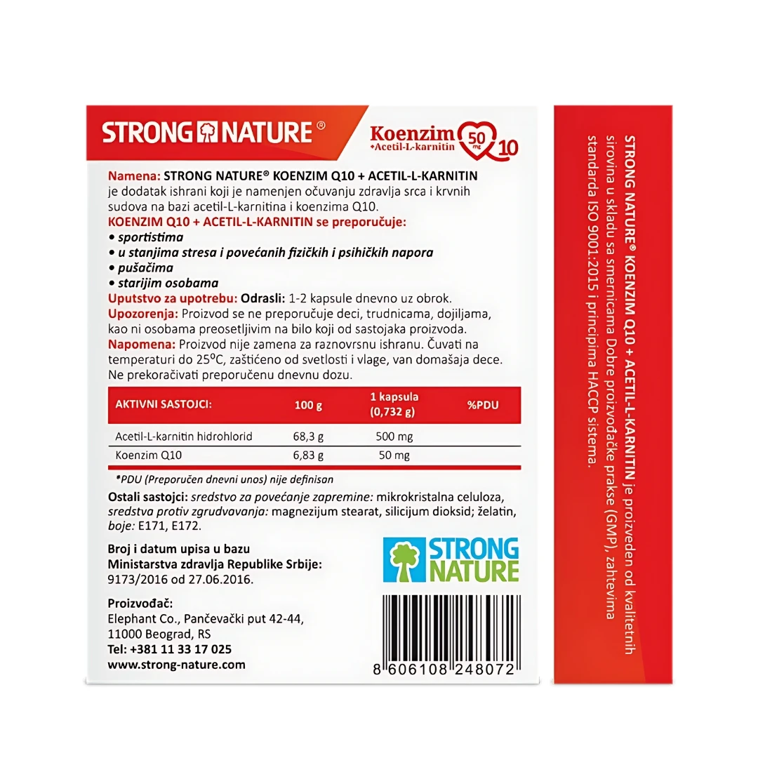 STRONG NATURE® Koenzim Q10 50 mg + Acetil-L-Karnitin 500 mg 30 Kapsula ...